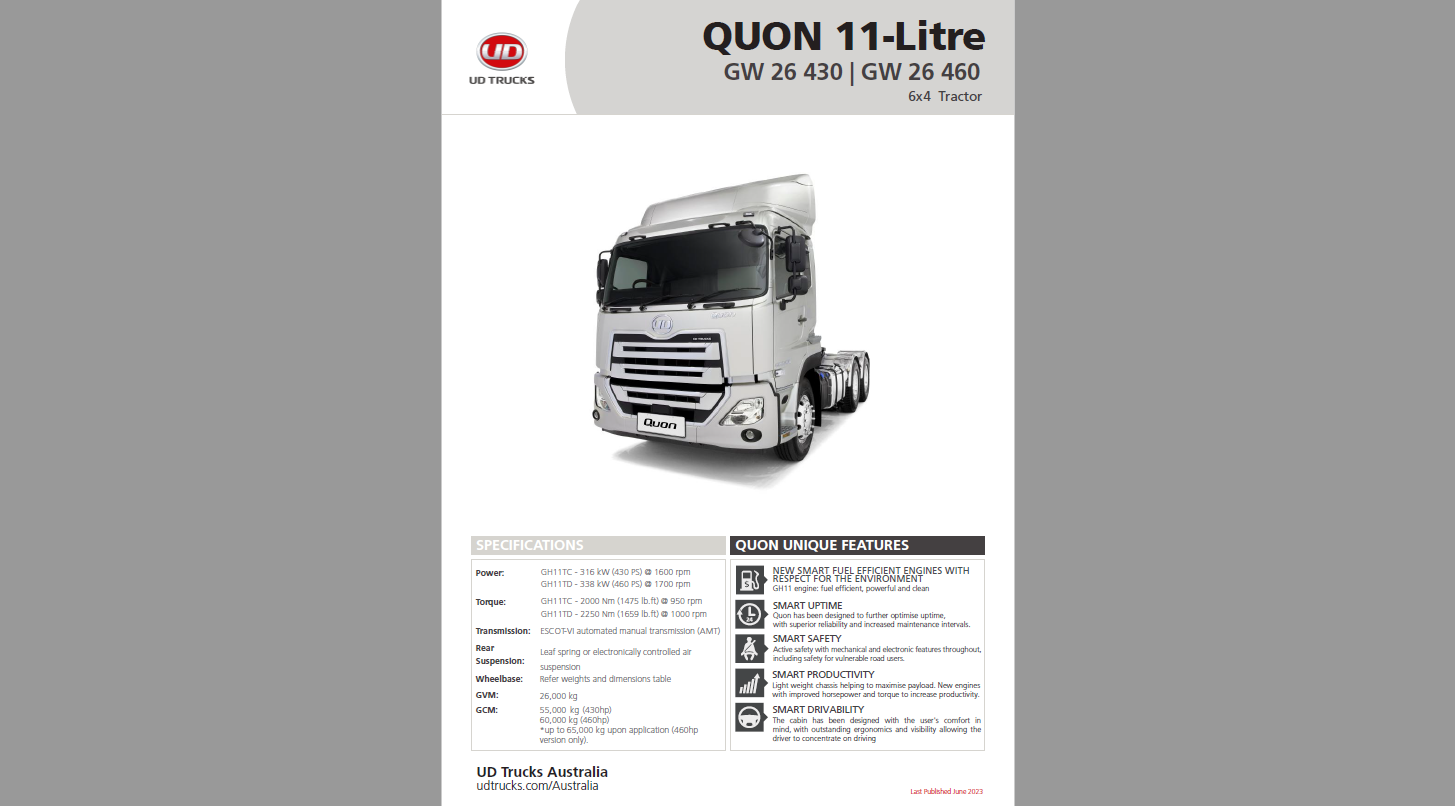 Quon GW 26 430 & 460 Spec Sheet | UD Trucks